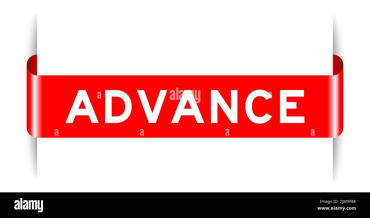 Red color inserted label banner with word advance on white background ...