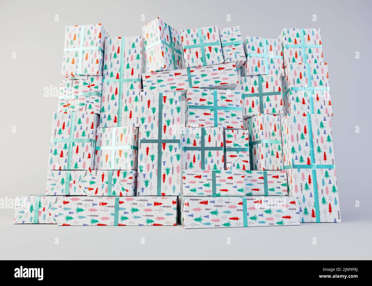 A stacked wall of different sized rectangular gift boxes wrapped in ...