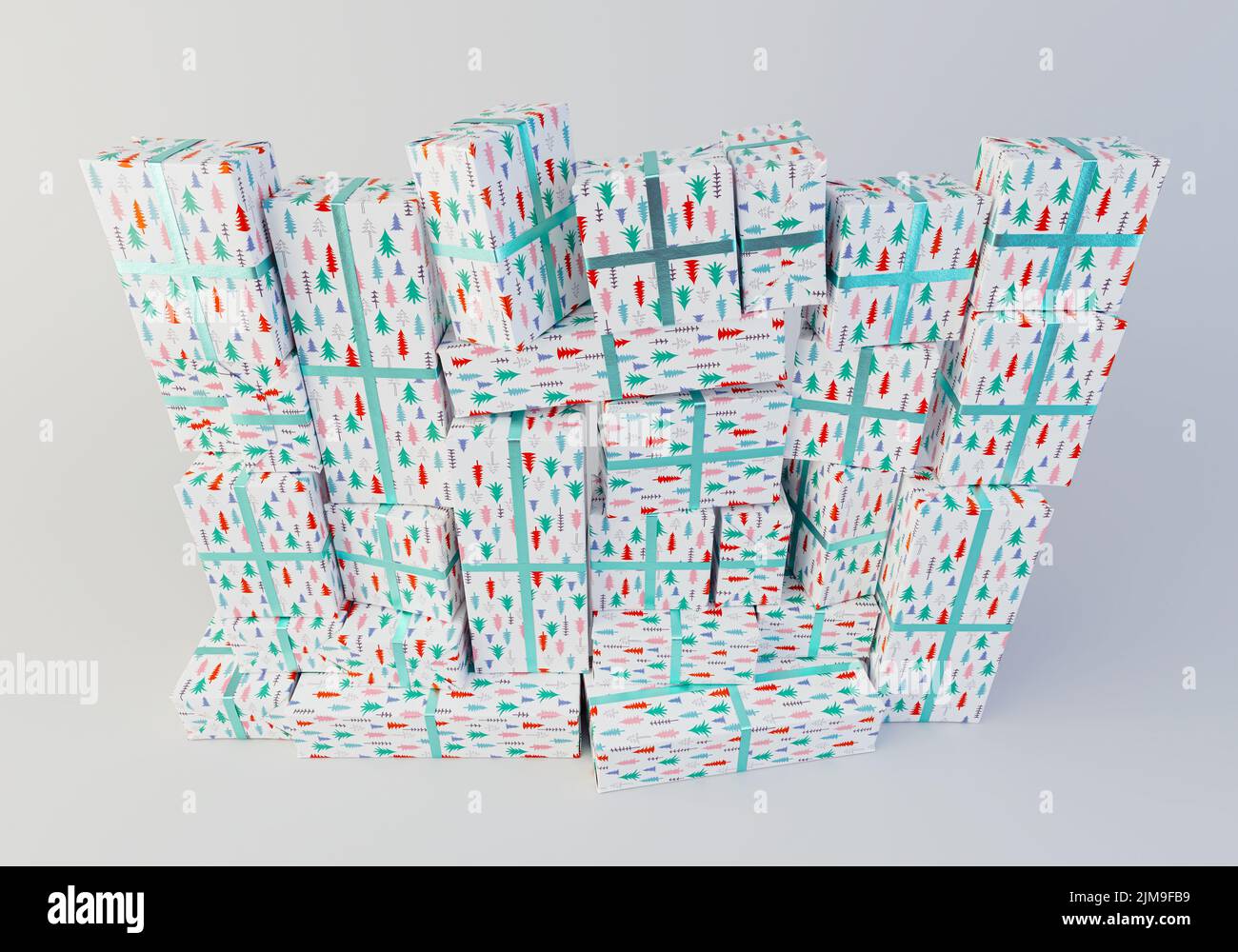 A stacked wall of different sized rectangular gift boxes wrapped in ...