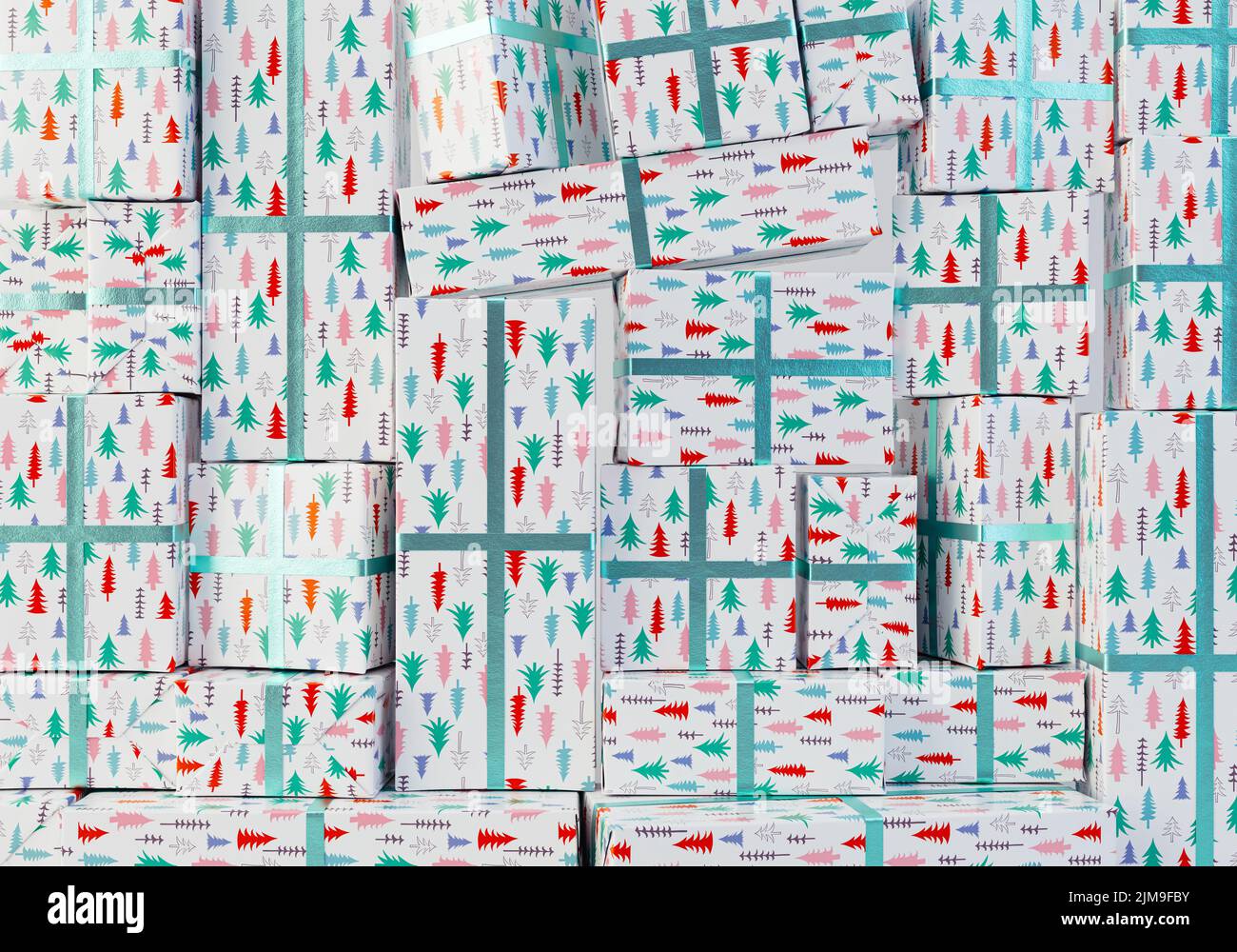 A stacked wall of different sized rectangular gift boxes wrapped in ...