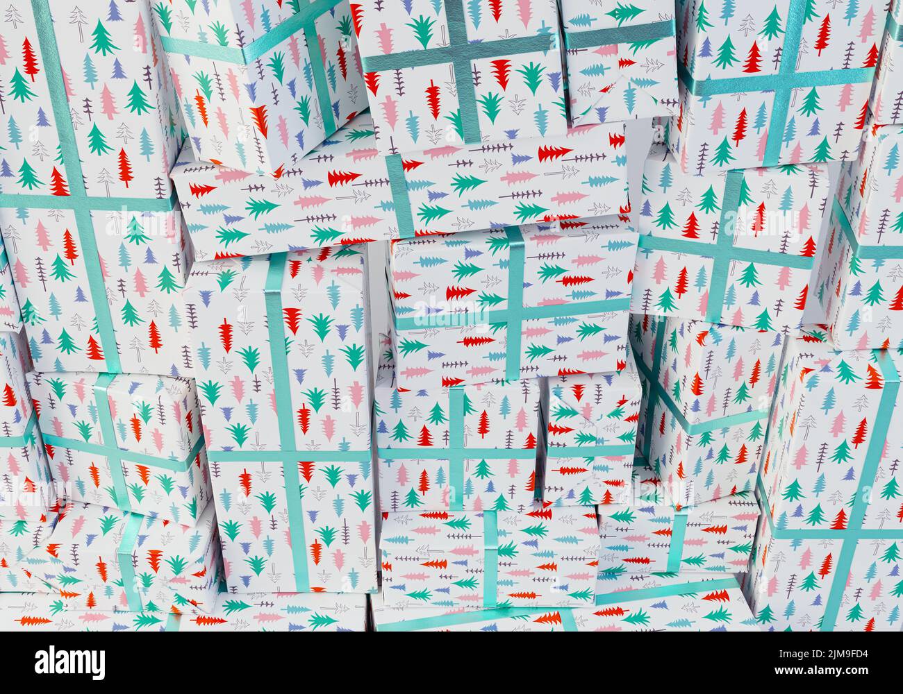 A stacked wall of different sized rectangular gift boxes wrapped in ...