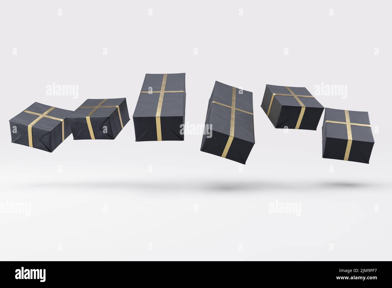 A floating collection of different sized rectangular gift boxes wrapped ...