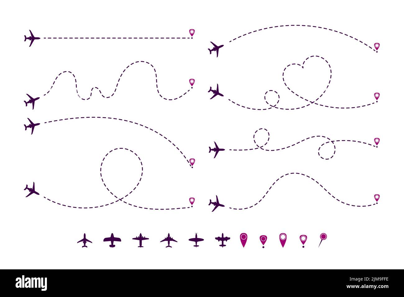 Dotted airplane trajectories cartoon illustration set. Path or way of ...
