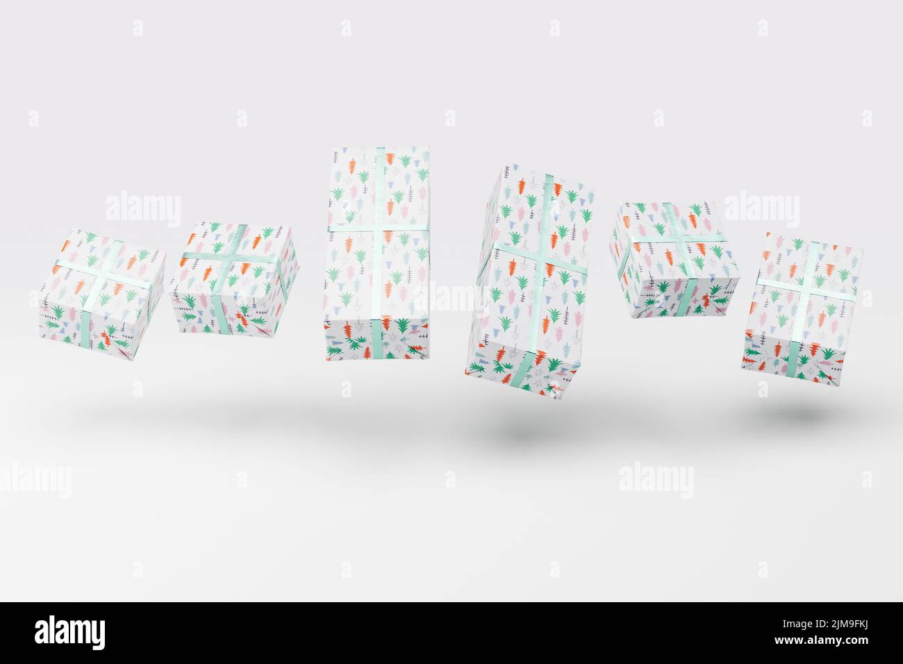 A floating collection of different sized rectangular gift boxes wrapped ...