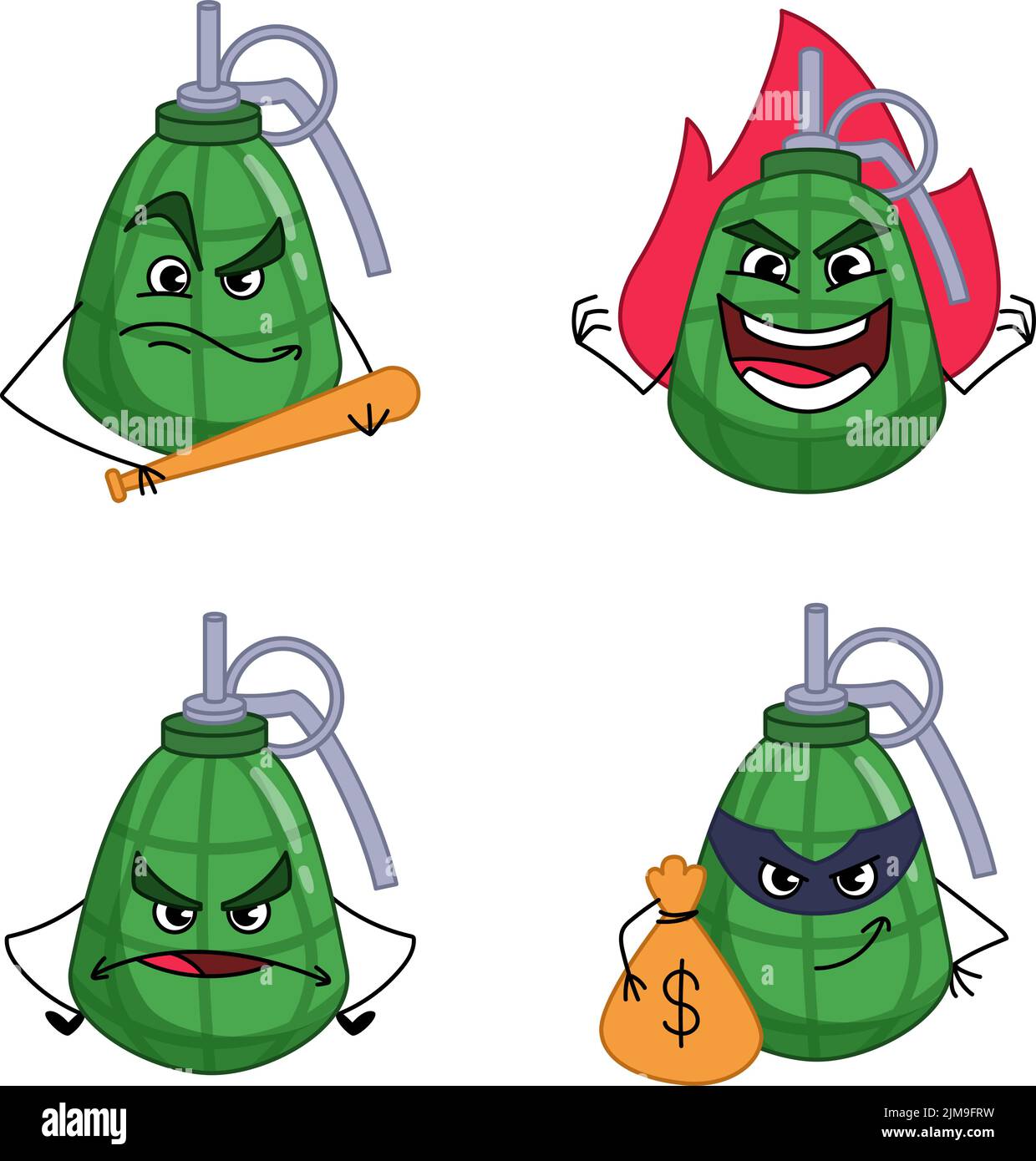 Set of hand-drawn grenades holding bat, laughing with anger, feeling ...