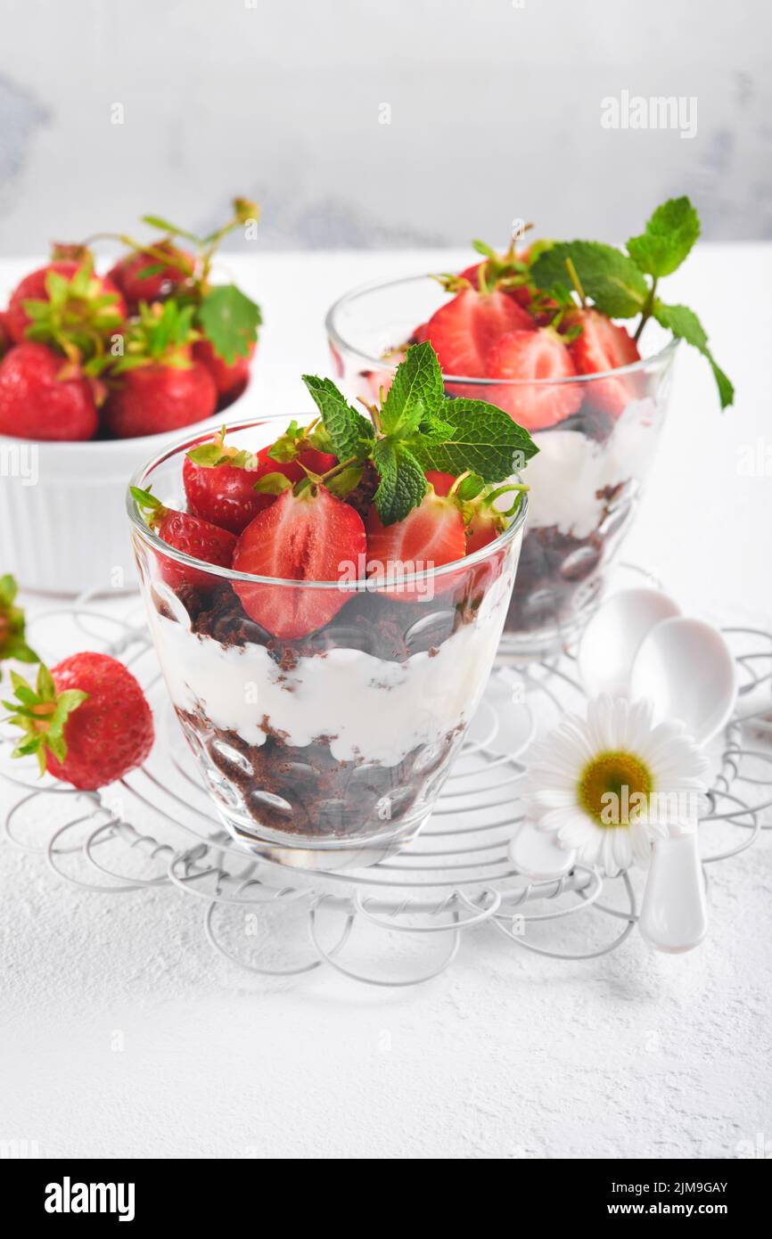 Trifles. Brownies, fresh strawberry and mascarpone cream servered in ...