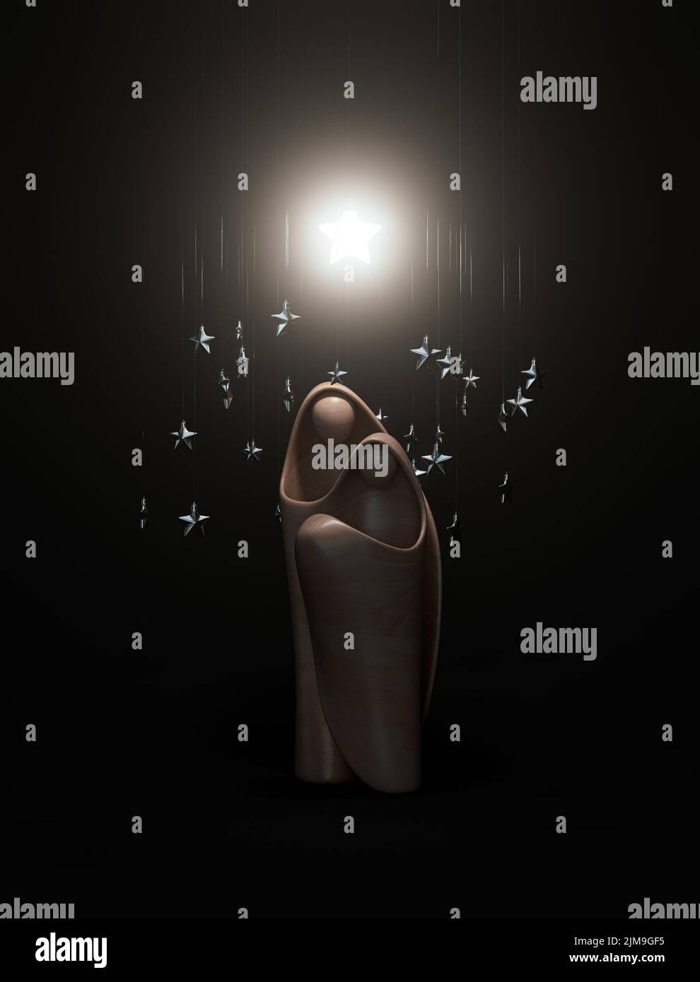 An abstract stylized wood carving depicting a christian christmas ...