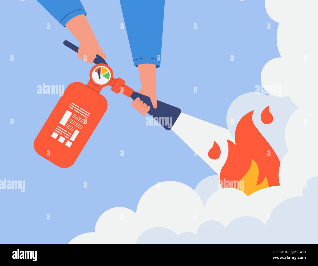 Fireman holding fire extinguisher flat vector illustration. Man or ...
