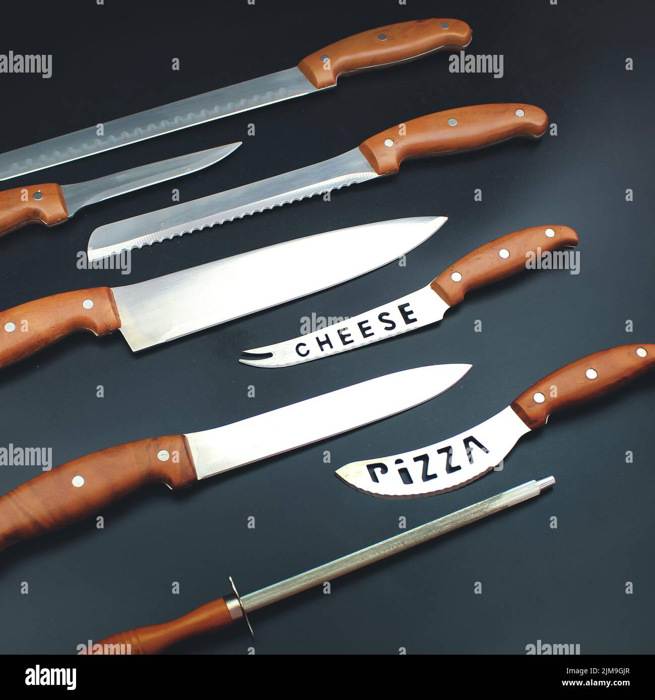 Modern Kitchen Knives Set on Grey Background. Chef s Knives Concept ...