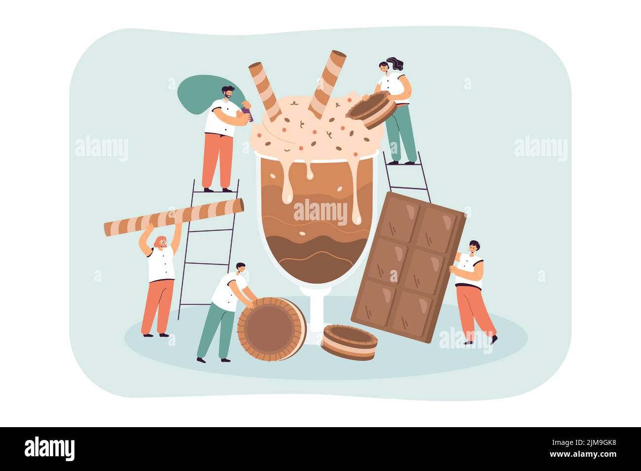 Tiny cartoon characters with huge chocolate cocktail. Sweet dish with ...