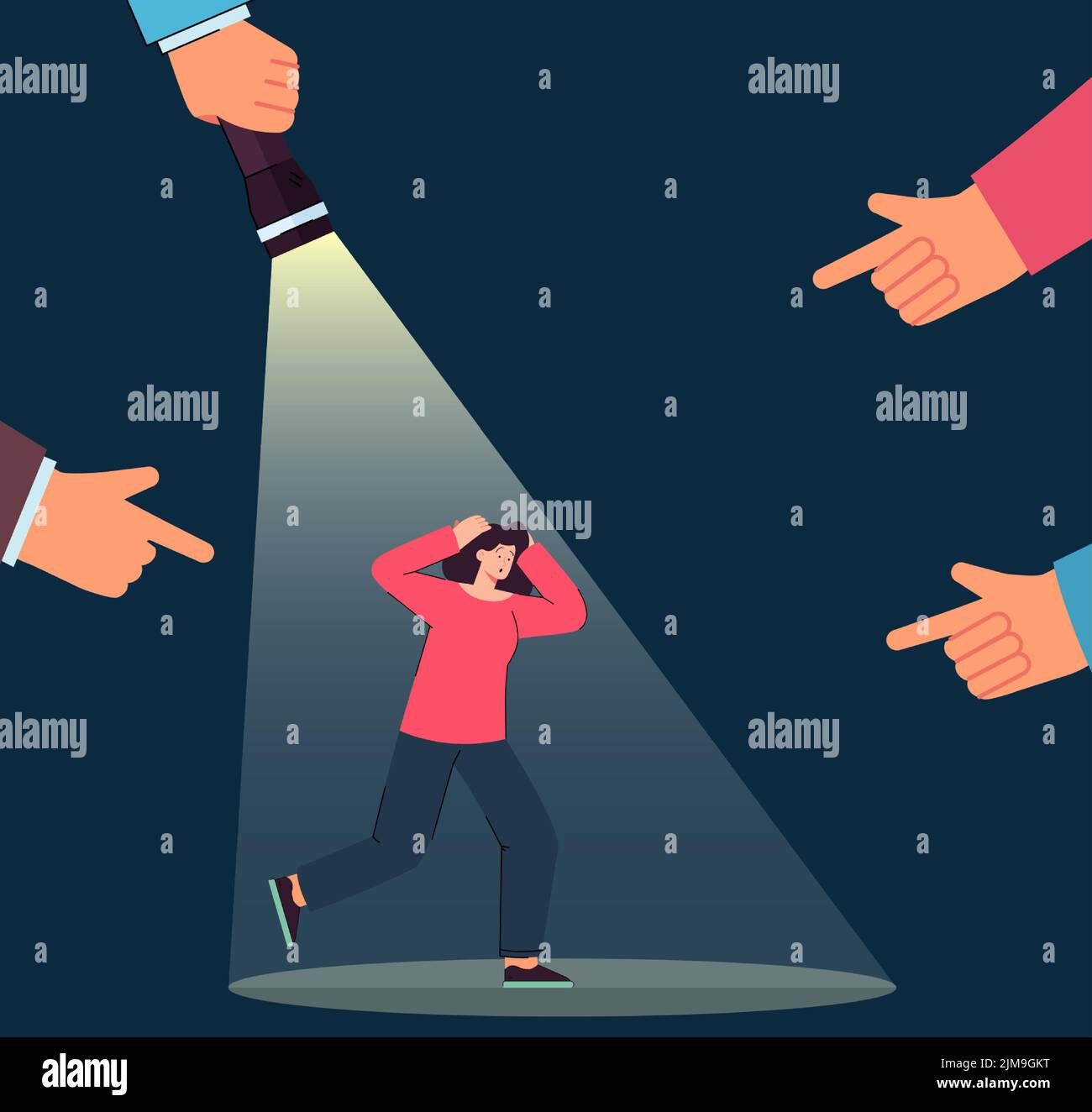 Fingers pointing at scared woman in light of flashlight. Ashamed female ...