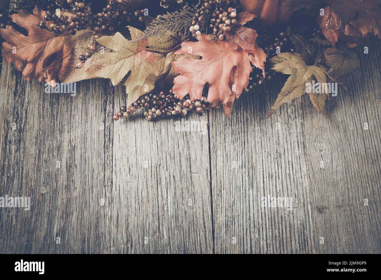 Autumn Leaves on Rustic Wood Background with Instagram Style Filter ...