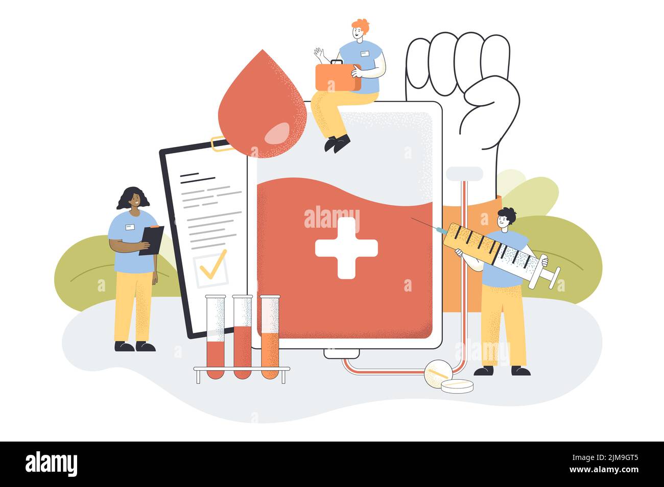 Tiny cartoon nurses with patient card and blood from donor. Blood ...