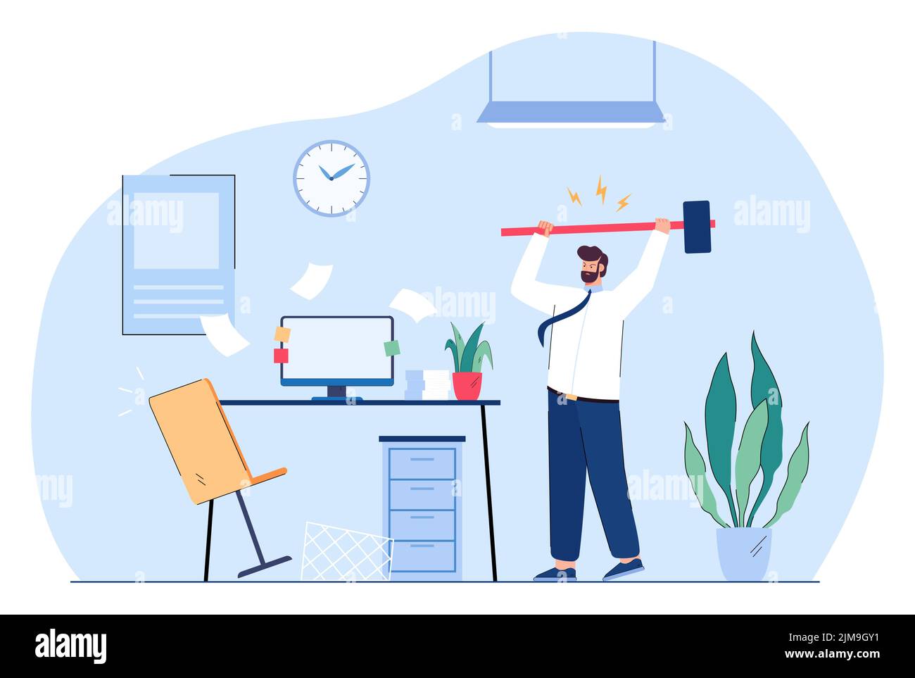 Angry businessman breaking office computer with hammer in hands. Stress ...