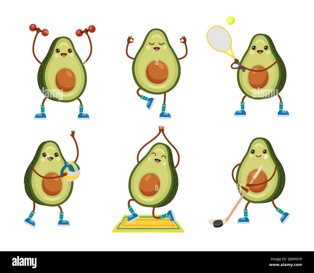 Avocado character exercising cartoon illustration set. Happy fit fruit ...