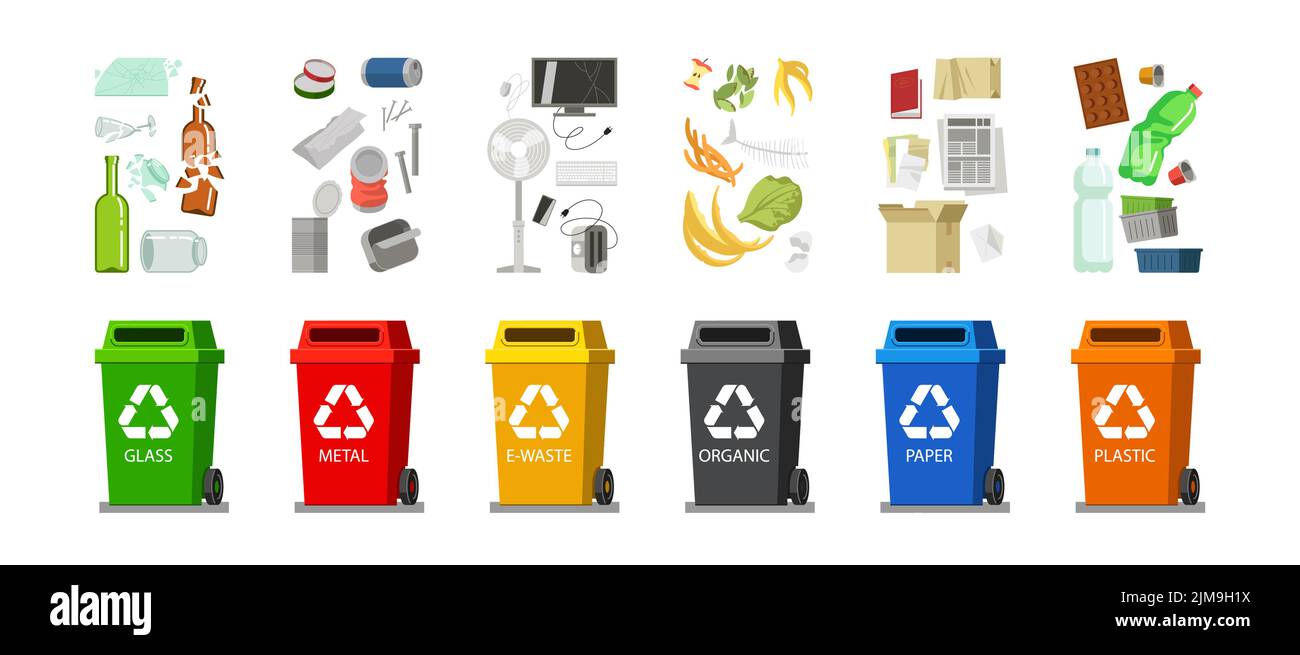 Garbage recycle bins set. Vector illustrations of trash containers ...