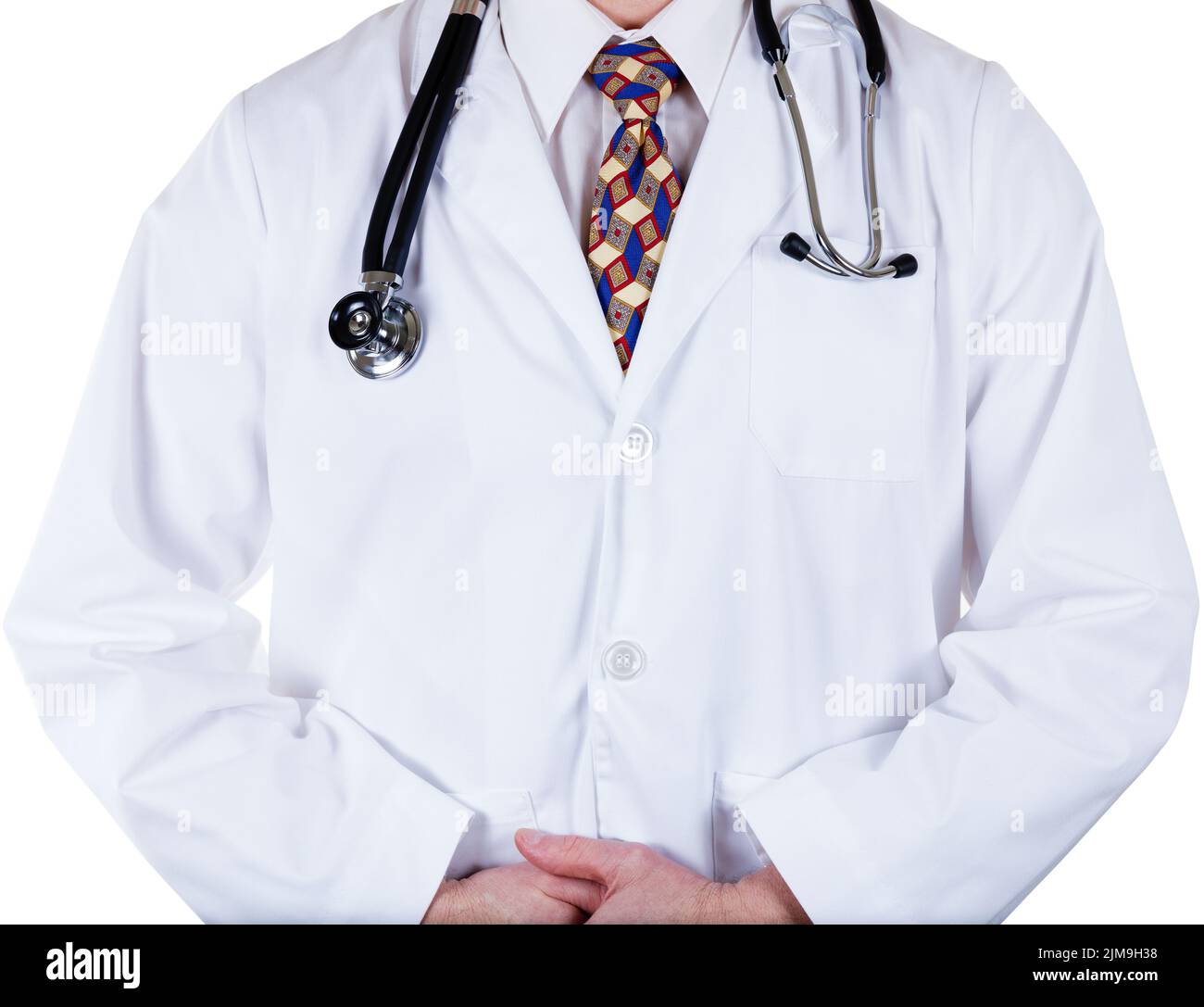 Partial front view of doctor with stethoscope and white jacket on white ...