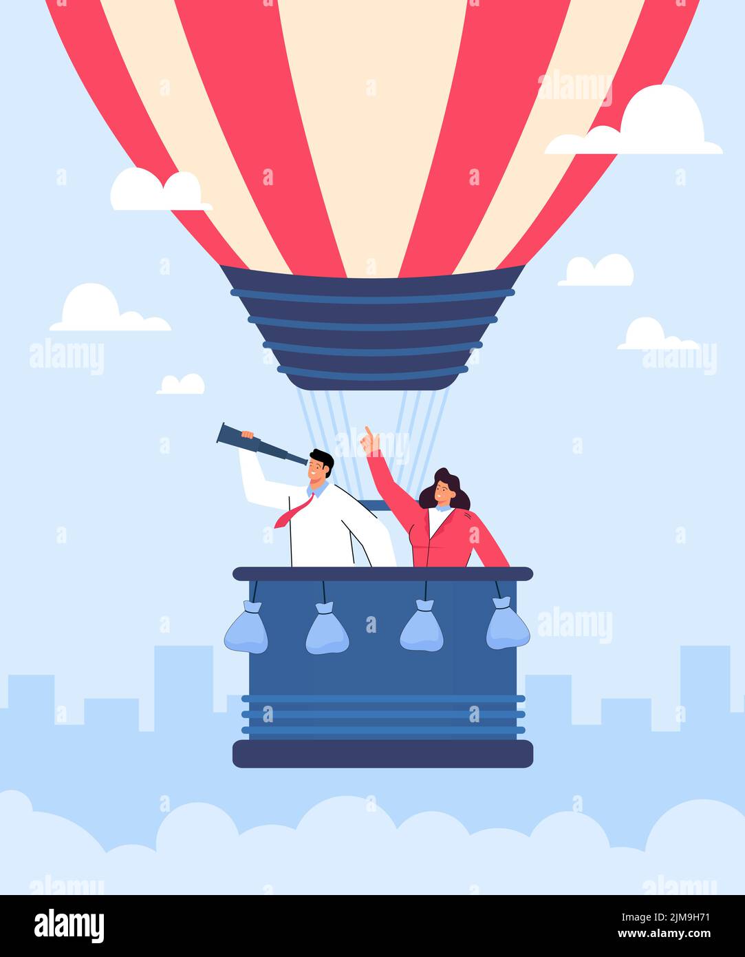 Business persons in hot air balloon searching for employees. Happy ...