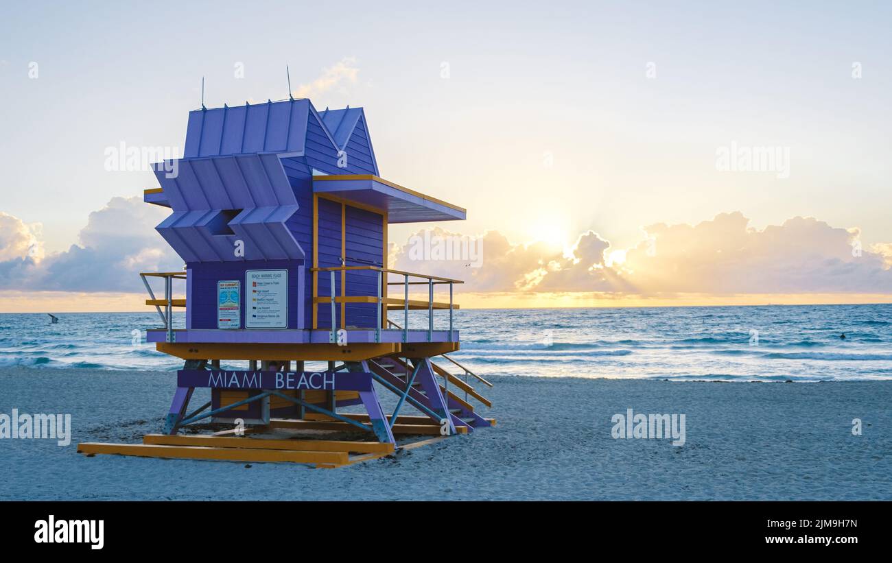 South Beach Miami Florida, beach hut lifeguard hut during sunset ...