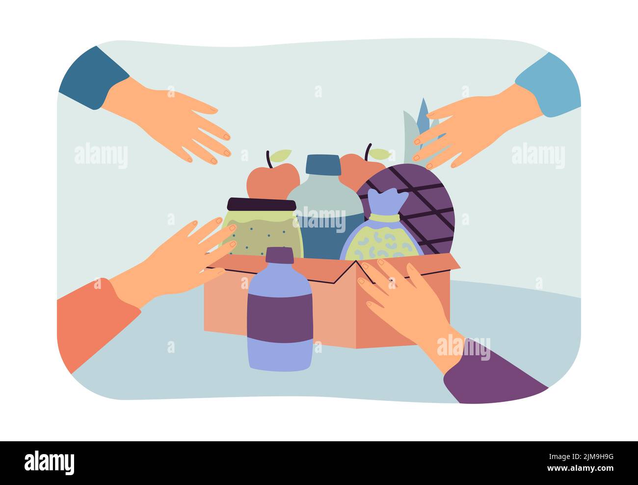 Hands reaching towards box with food. People taking products from ...