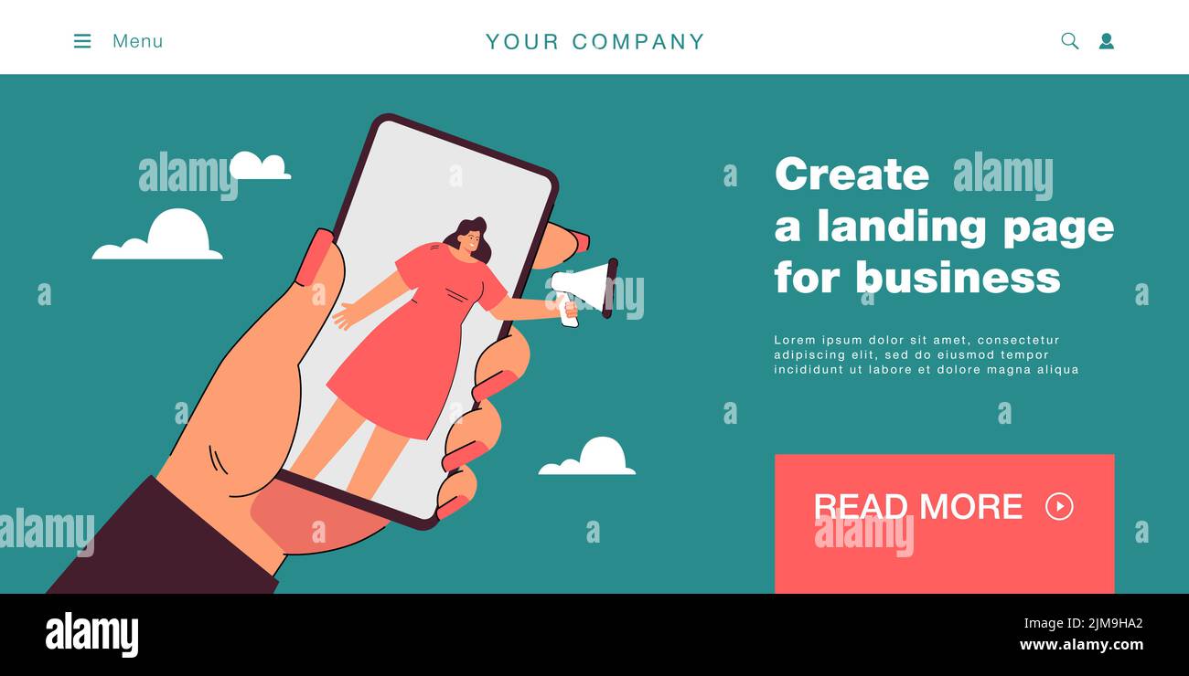 Hand holding phone with woman speaking into megaphone on screen. Girl ...