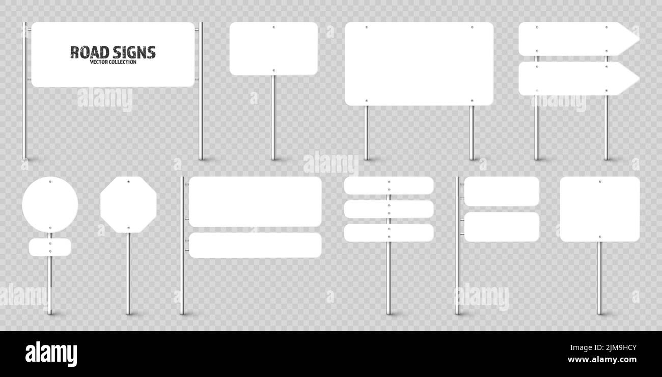 Various road, traffic signs. Highway signboard on a chrome metal pole ...