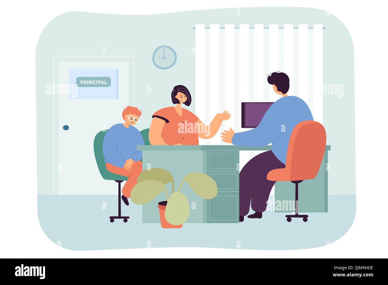 Cartoon mom and son at principal office. Headmaster sitting at table, woman and child in room of ...