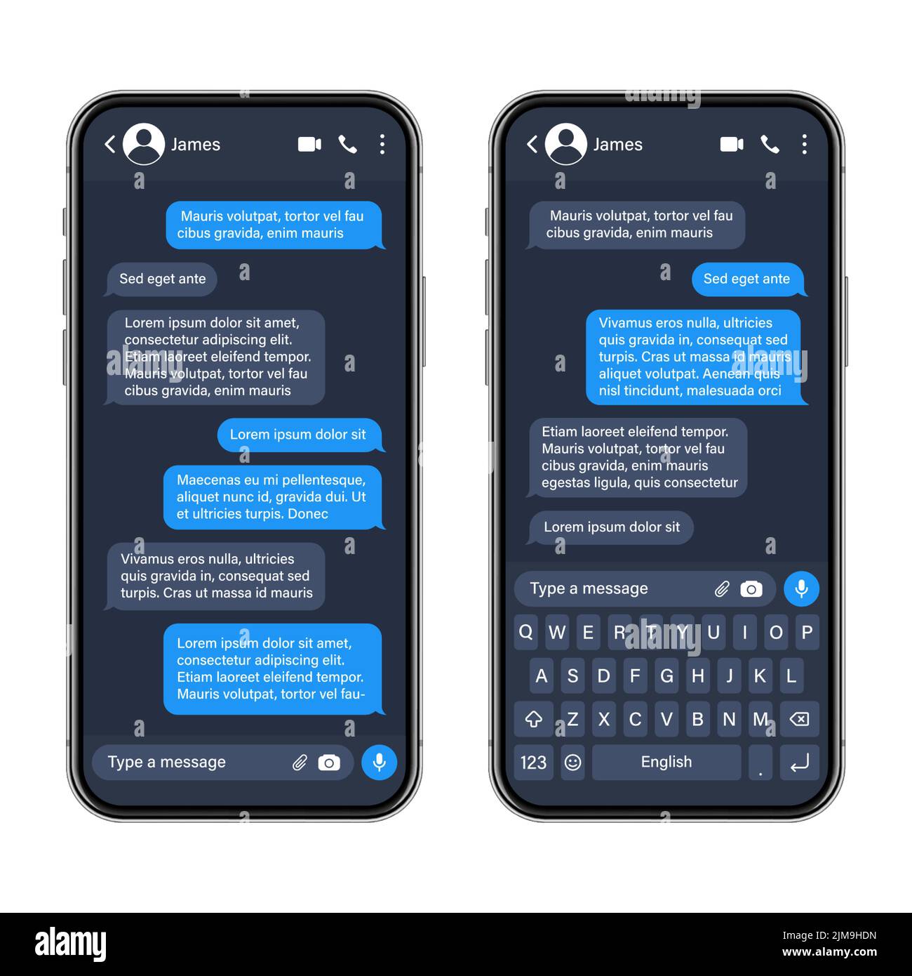 Realistic smartphone with messaging app. SMS text frame. Conversation chat screen with blue ...