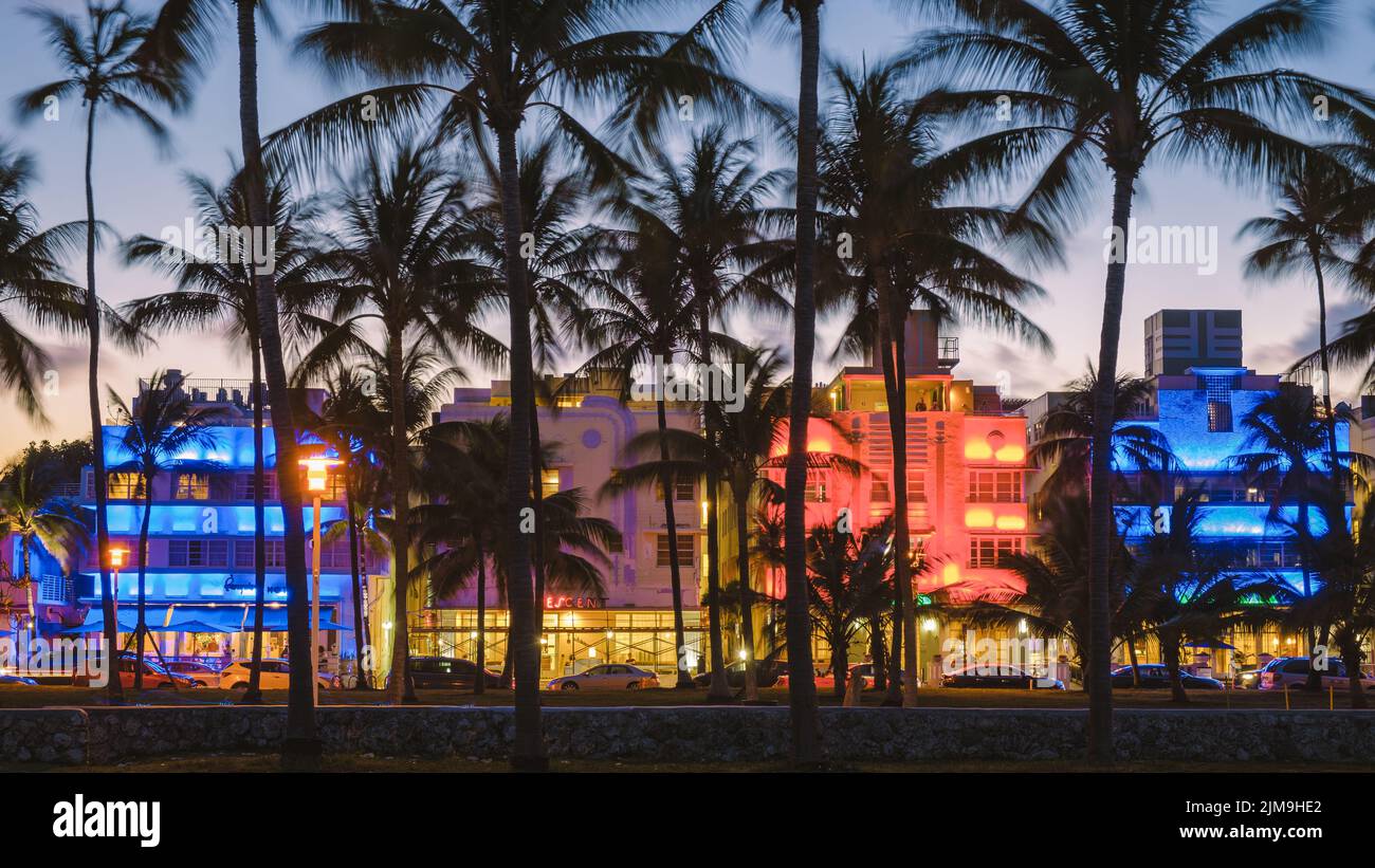 Miami Beach, colorful Art Deco District at night. Miami Beach Ocean ...