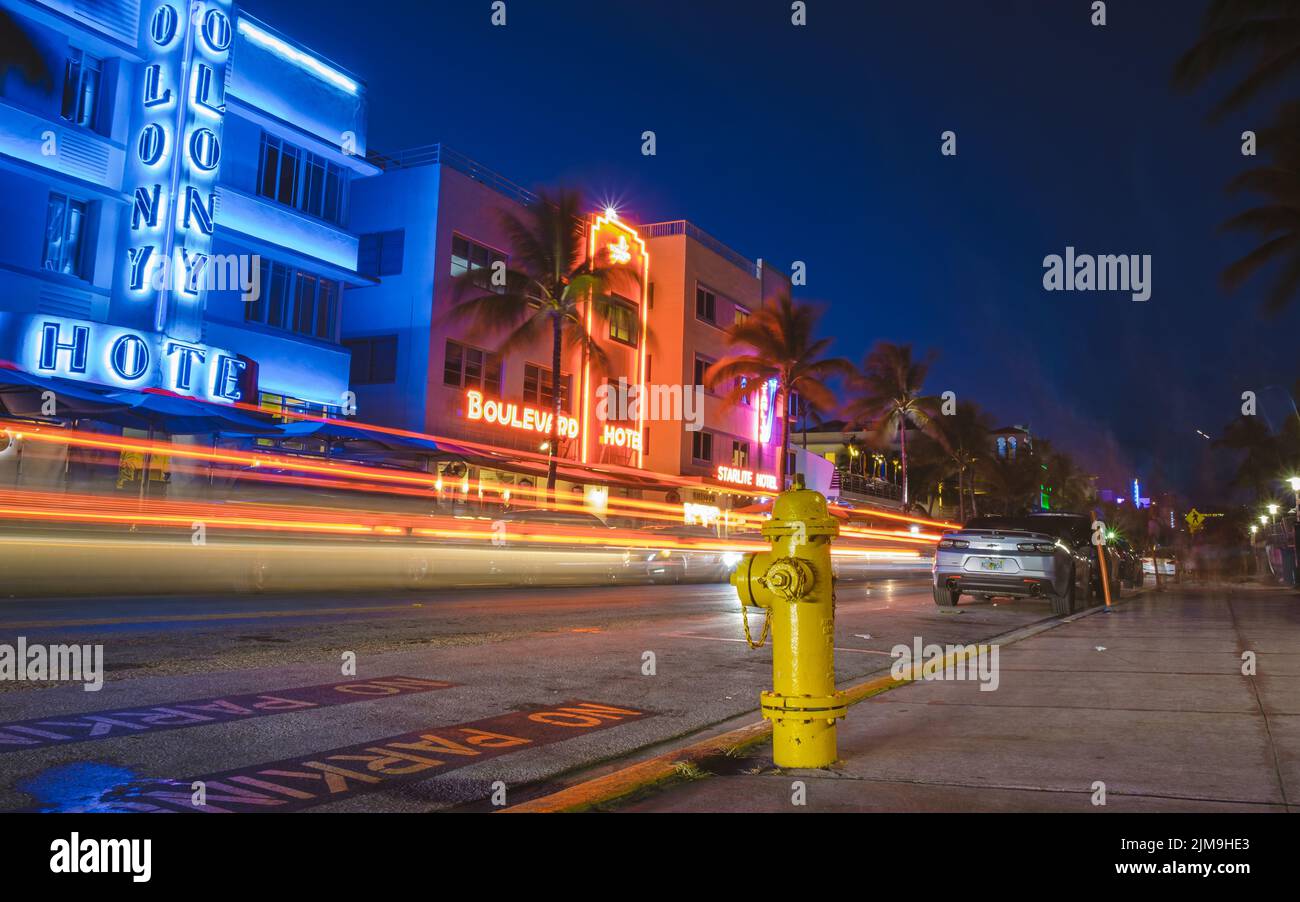 Miami Beach April 2019, colorful Art Deco District at night. Miami ...