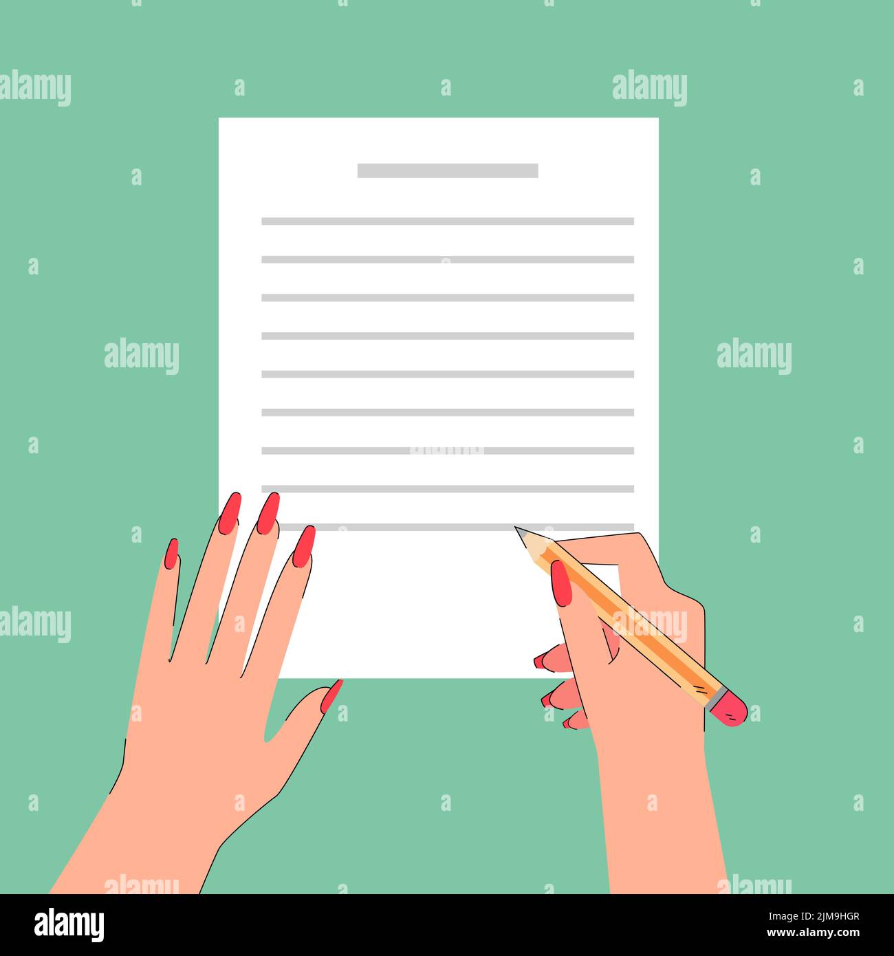 Hand of author writing paper letter on desk, top view. Woman holding ...