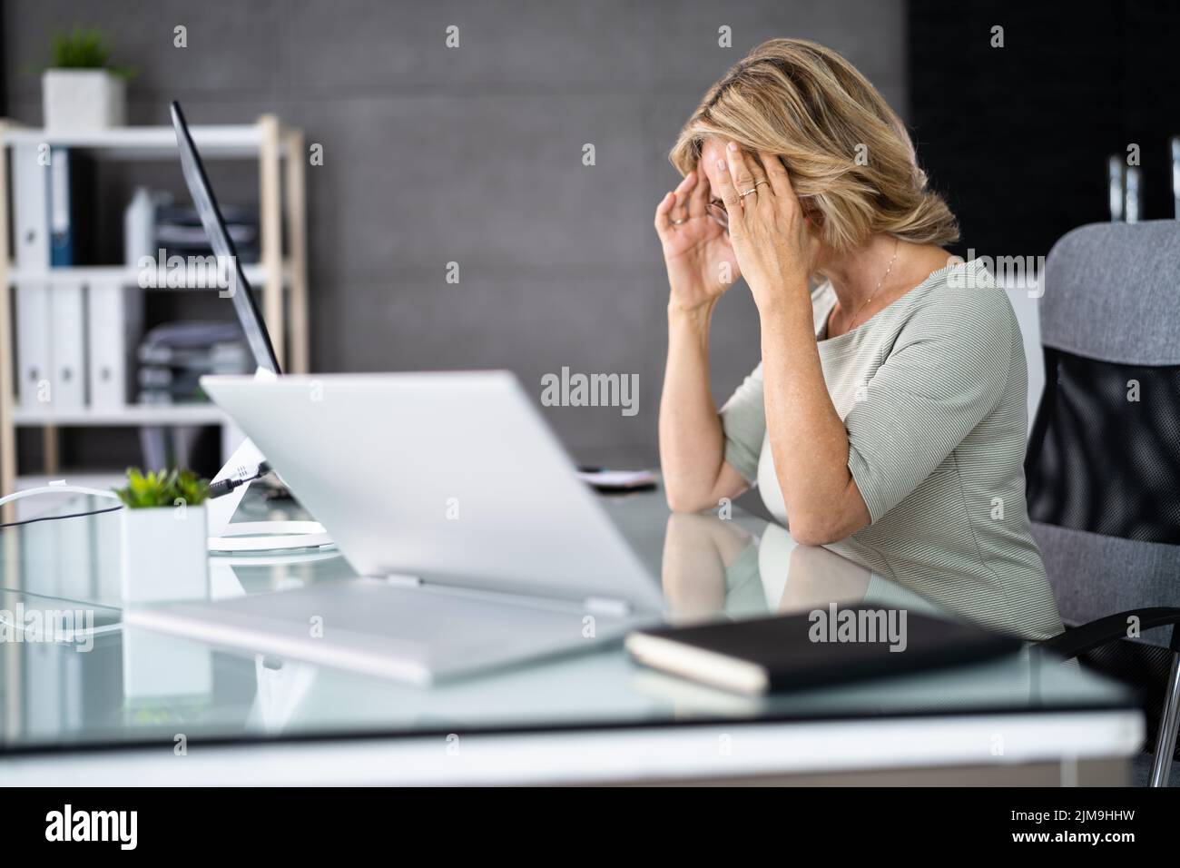 Unhappy Sad Business Woman. Stress And Headache Using Computer Stock ...