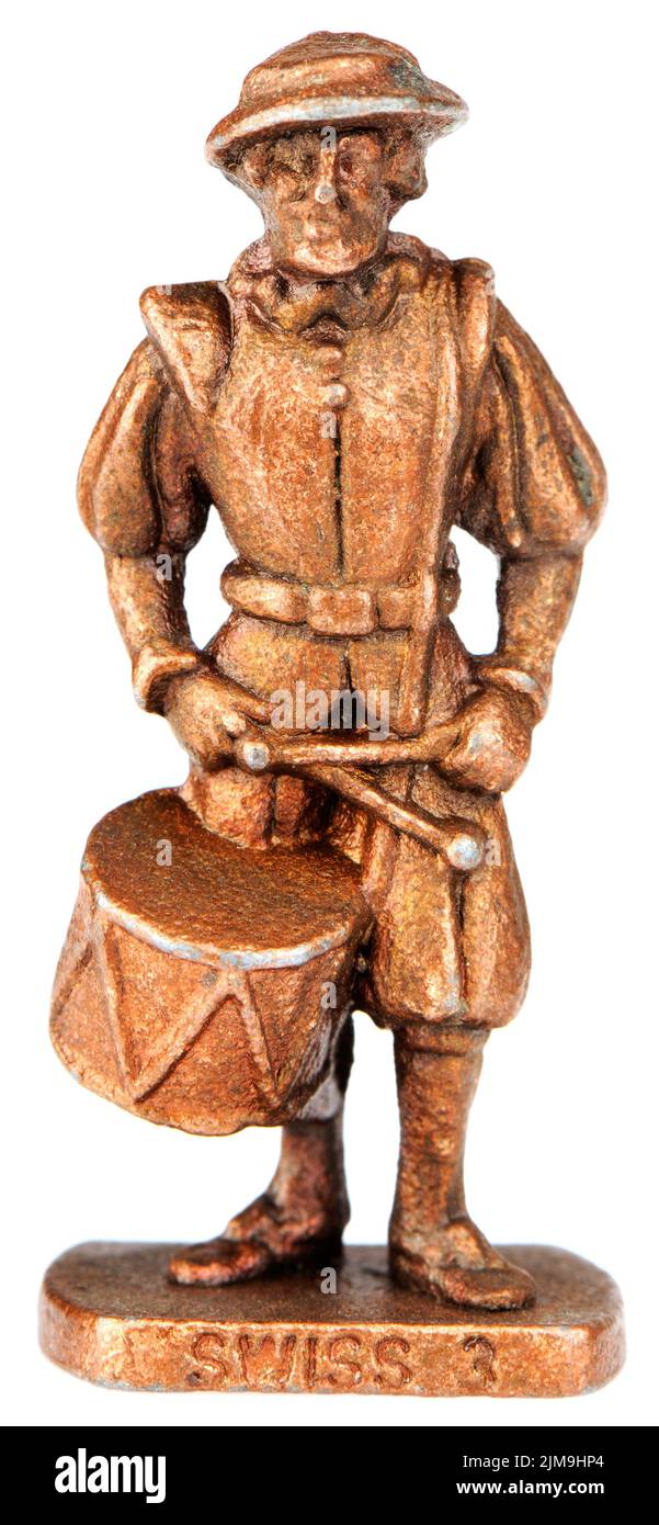 Bronze miniature statuette of ancient warrior with drum over white ...