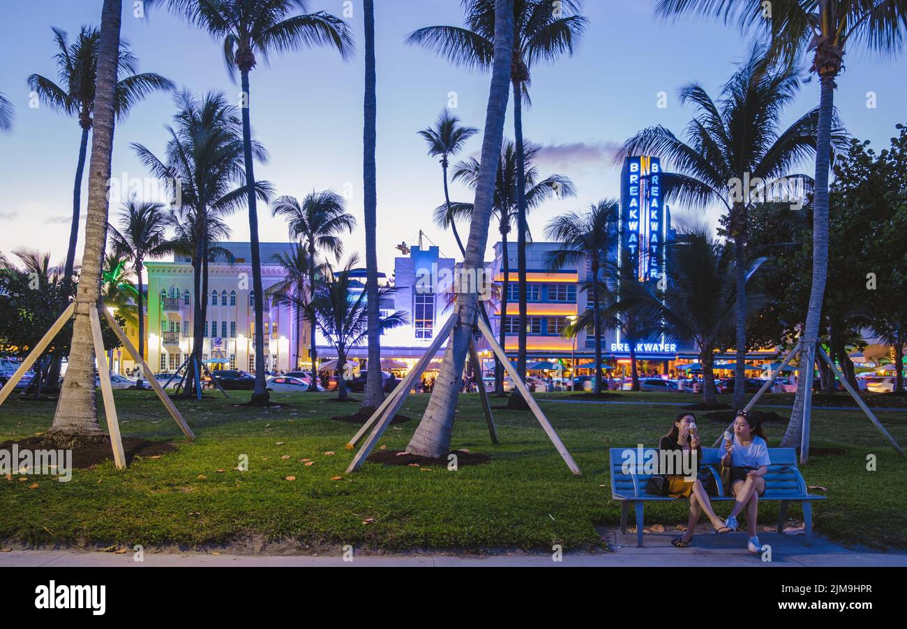 Miami Beach April 2019, colorful Art Deco District at night. Miami ...
