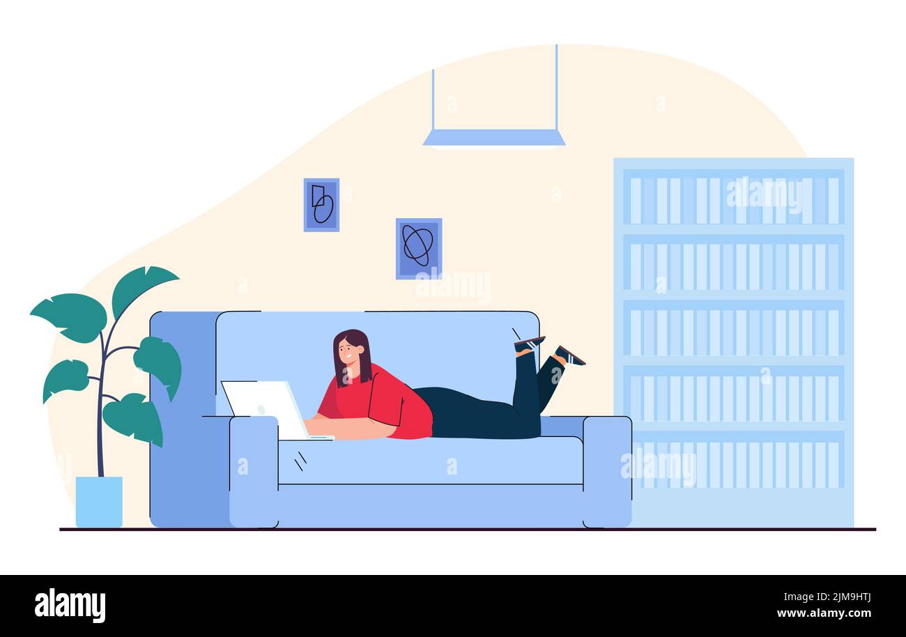 Cartoon woman lying on sofa with laptop. Girl relaxing or working on ...