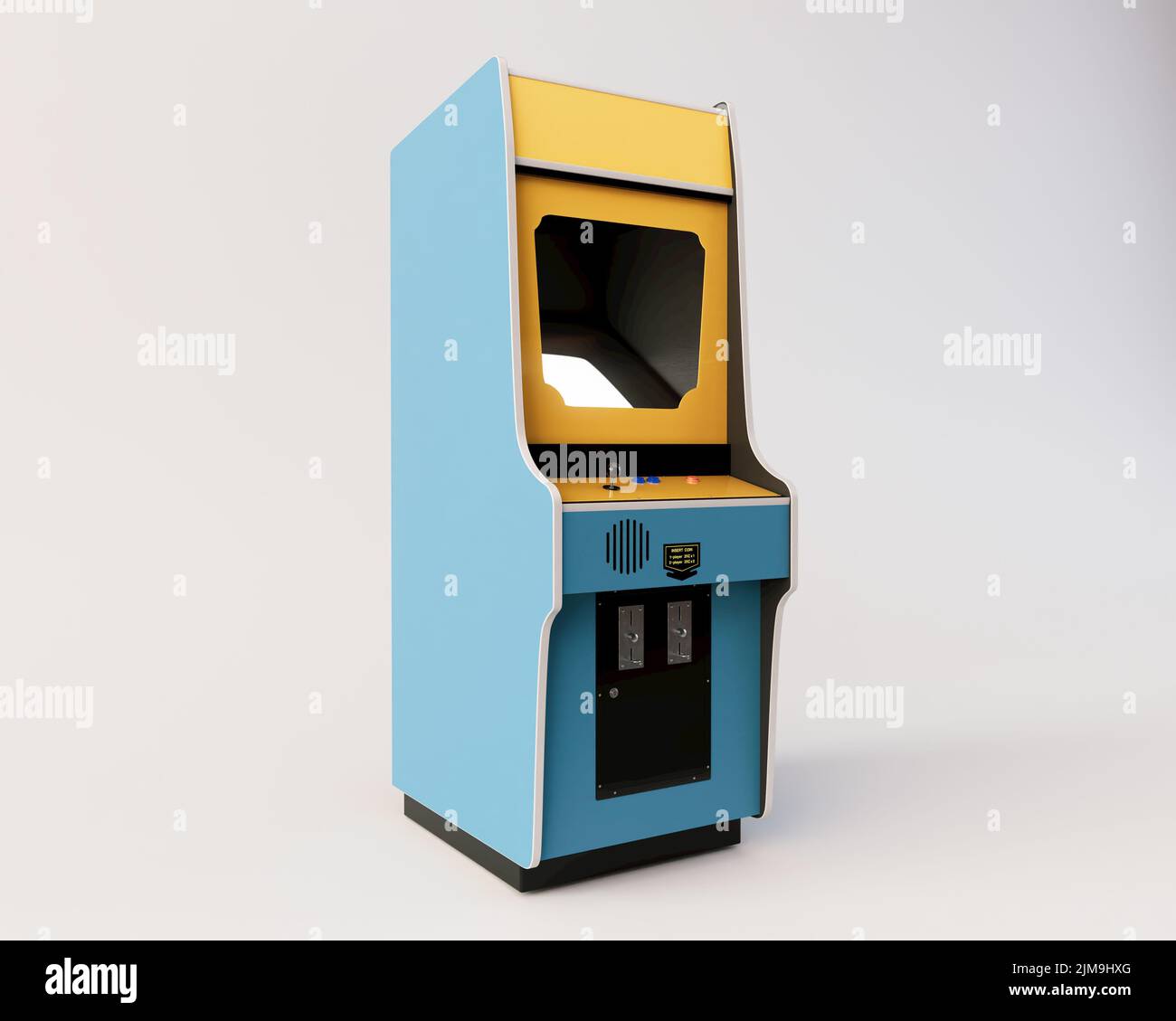 A vintage red unbranded arcade machine with controls and buttons and a ...