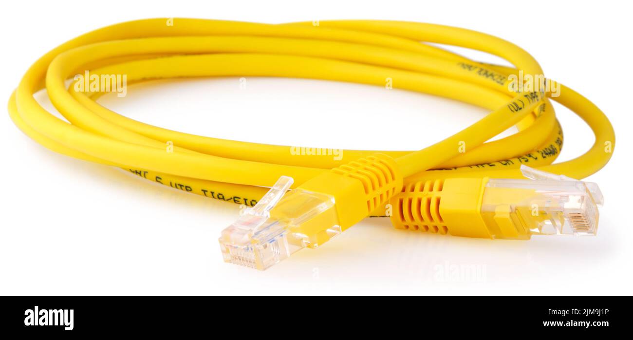 Yellow copper data cable over white background Stock Photo - Alamy