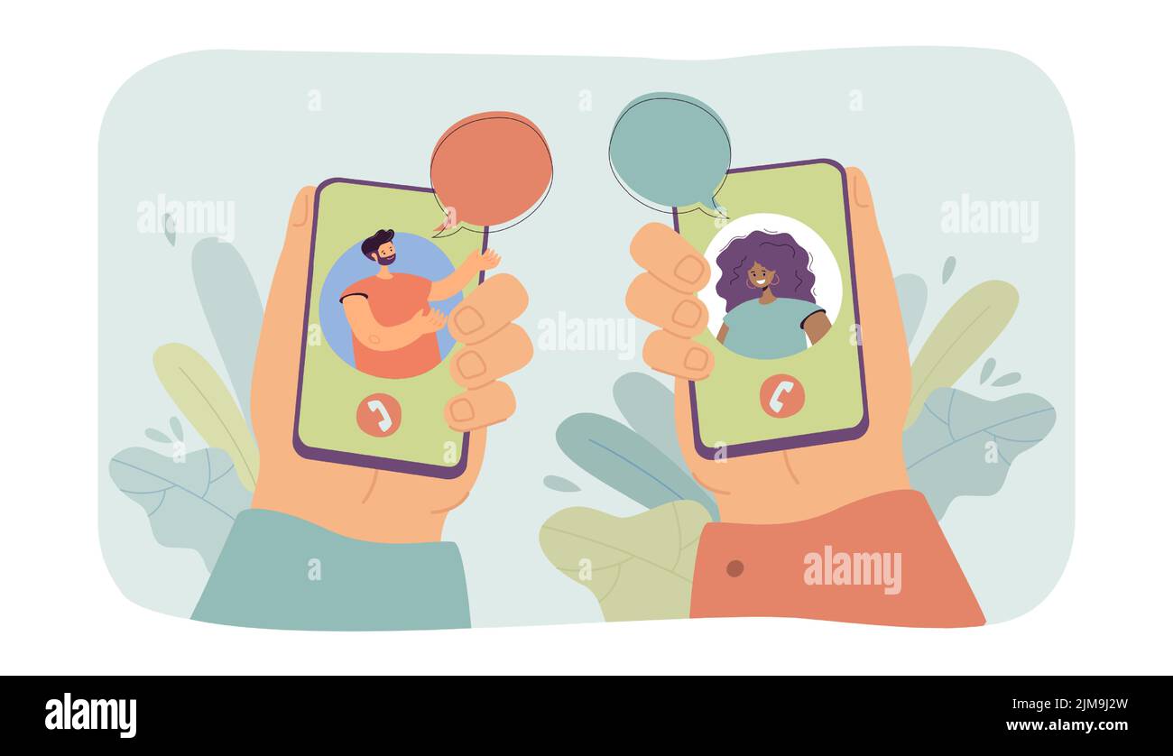 Man and woman talking using phone flat vector illustration. Hands ...