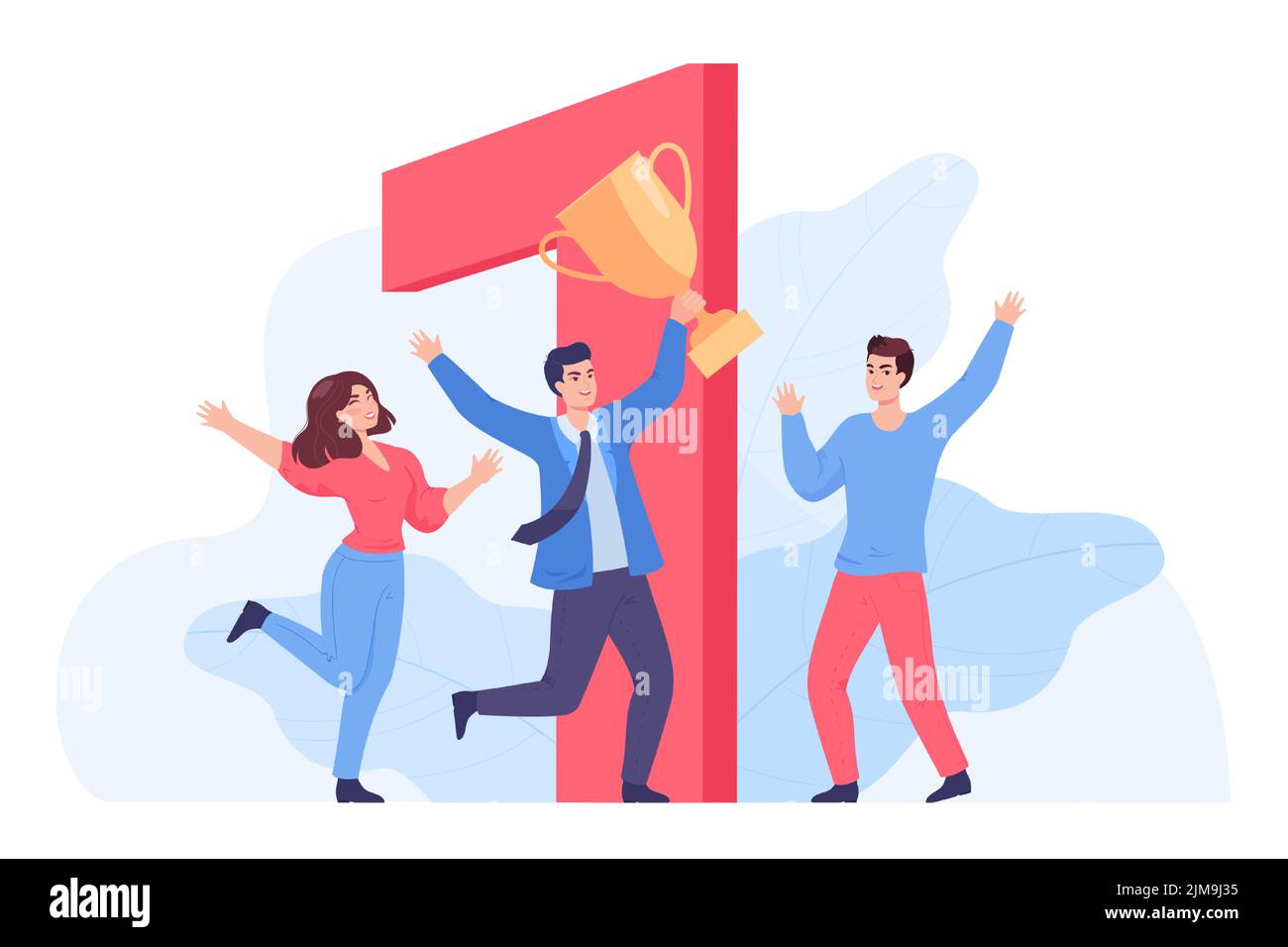Group of employees with award or trophy in front of number one. Cartoon ...