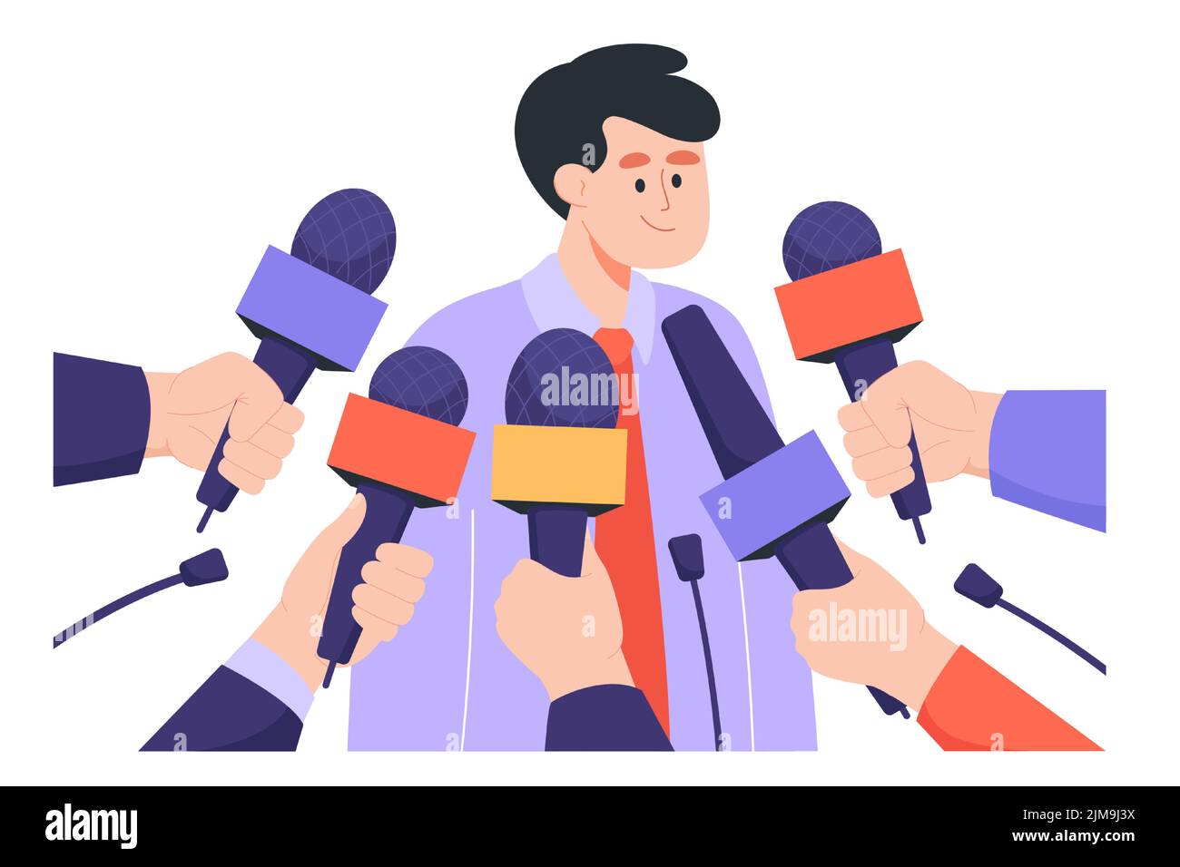 Man giving interview to public press flat vector illustration. Guy giving opinion and comments ...