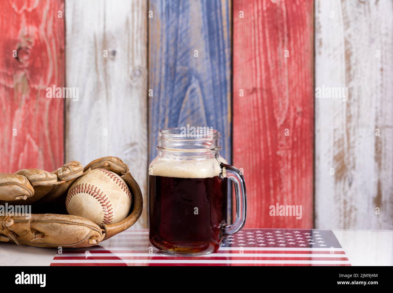 Beer and American Baseball equipment with faded wooden boards painted ...