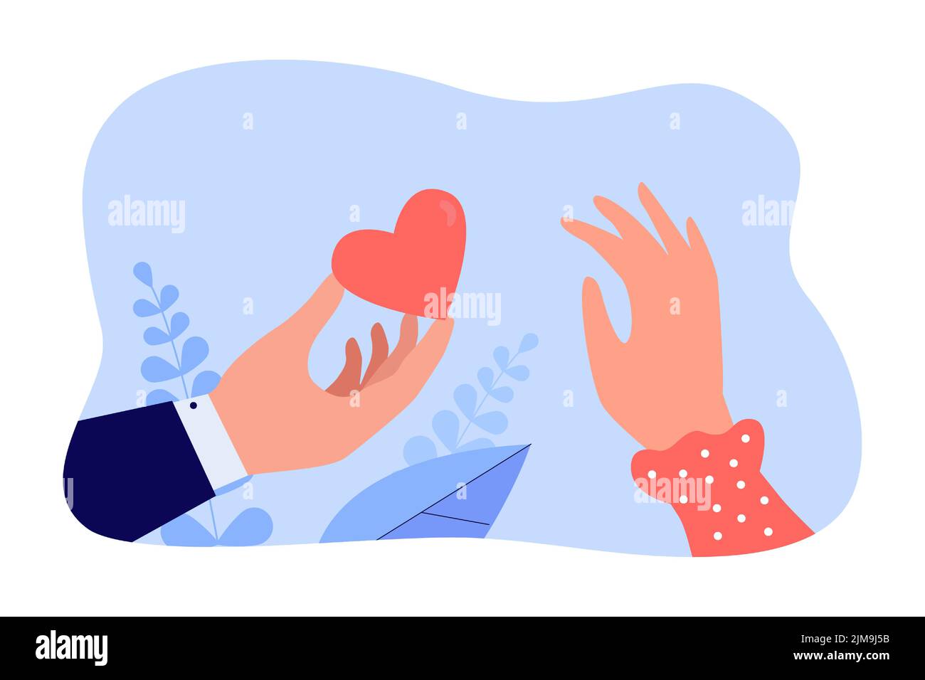 Mans hand giving heart gift to woman. Rejection of girl on date flat ...