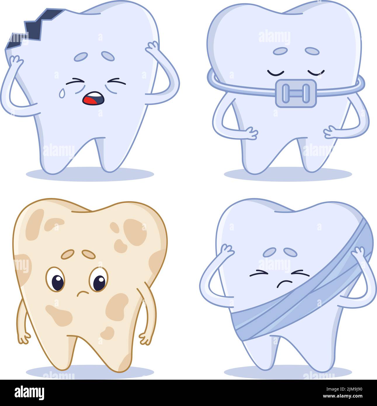 Collection of cartoon affected tooth characters with caries and braces ...