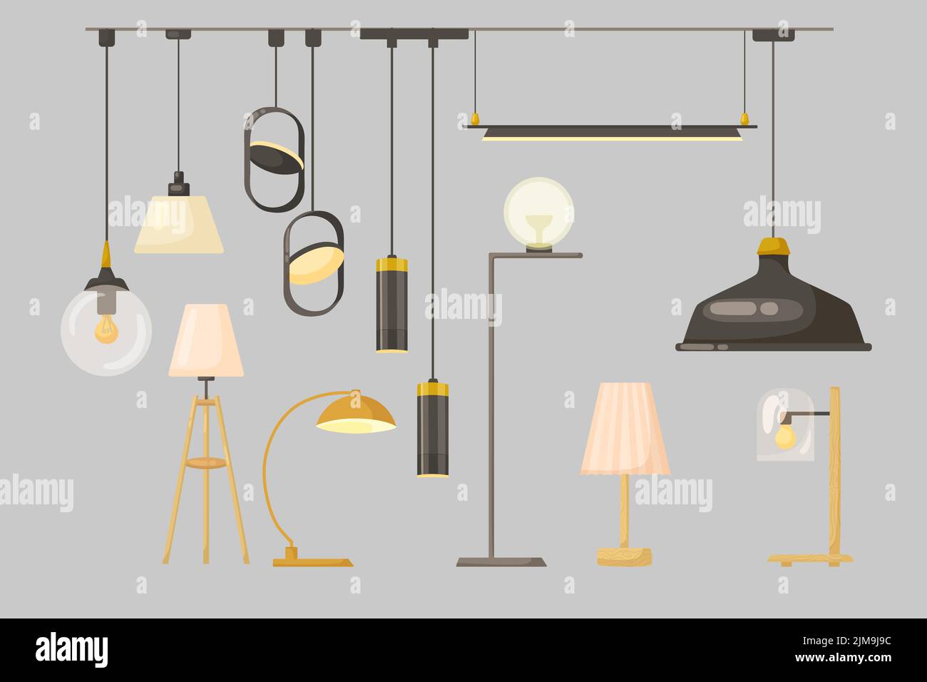 Pendant lamps and light fixtures and cartoon illustration set. Various ...