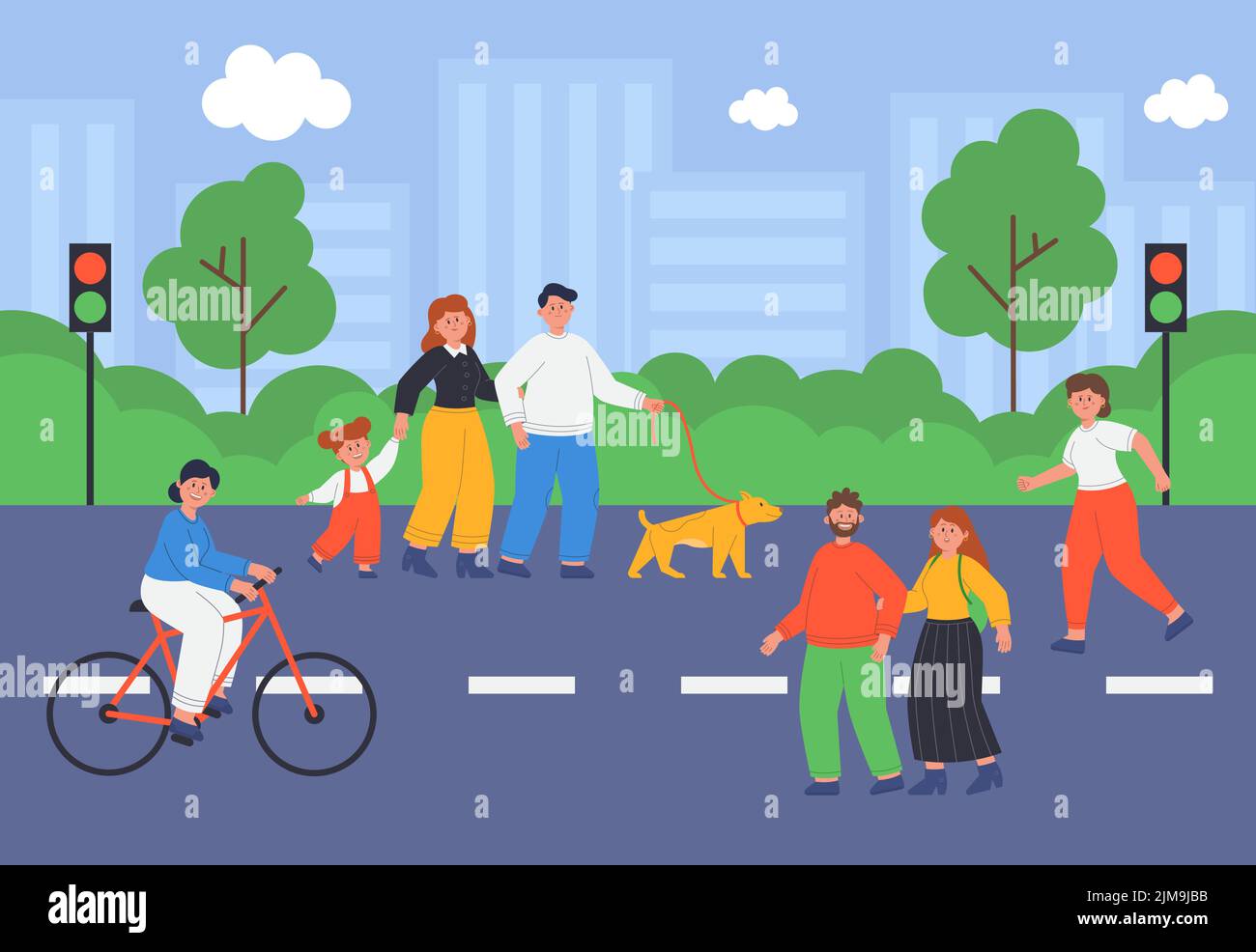 People walking along city street flat vector illustration. Female ...