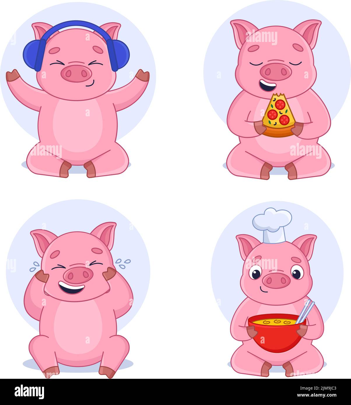 Collection of cartoon pig eating pizza, cooking soup, laughing and ...
