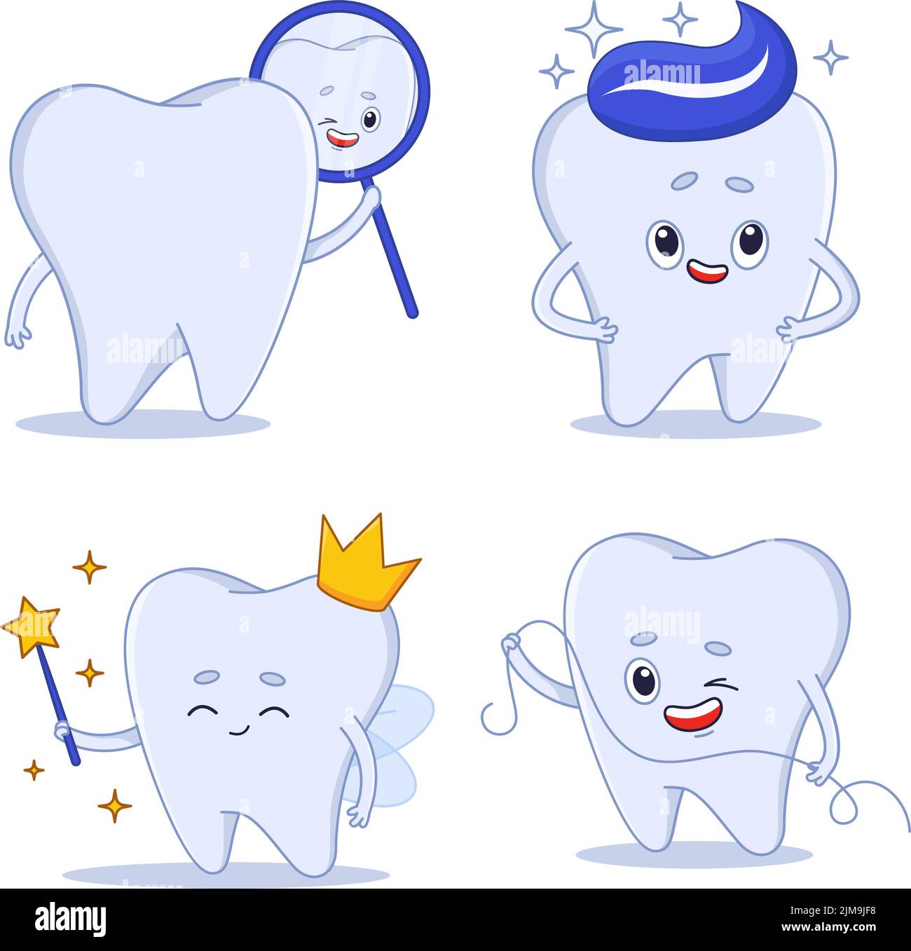 Collection of cartoon tooth character looking in mirror, holding dental ...