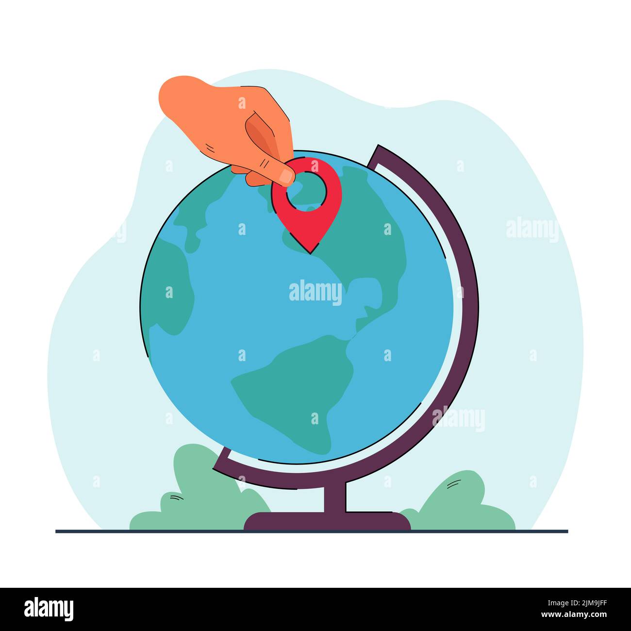 Hand marking location on globe with pin flat vector illustration ...