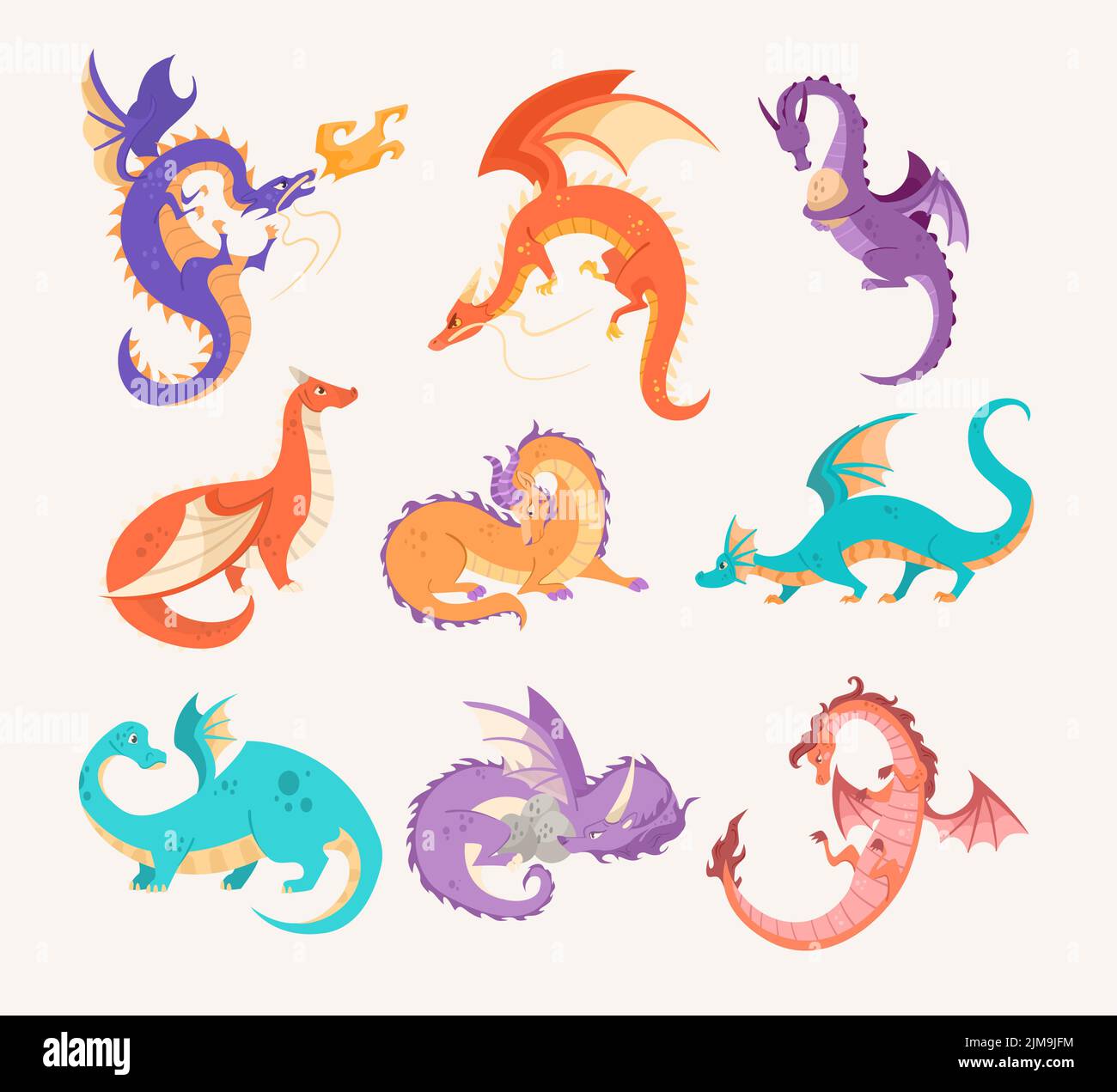 Colorful dragons on white background cartoon illustration set. Cute ...