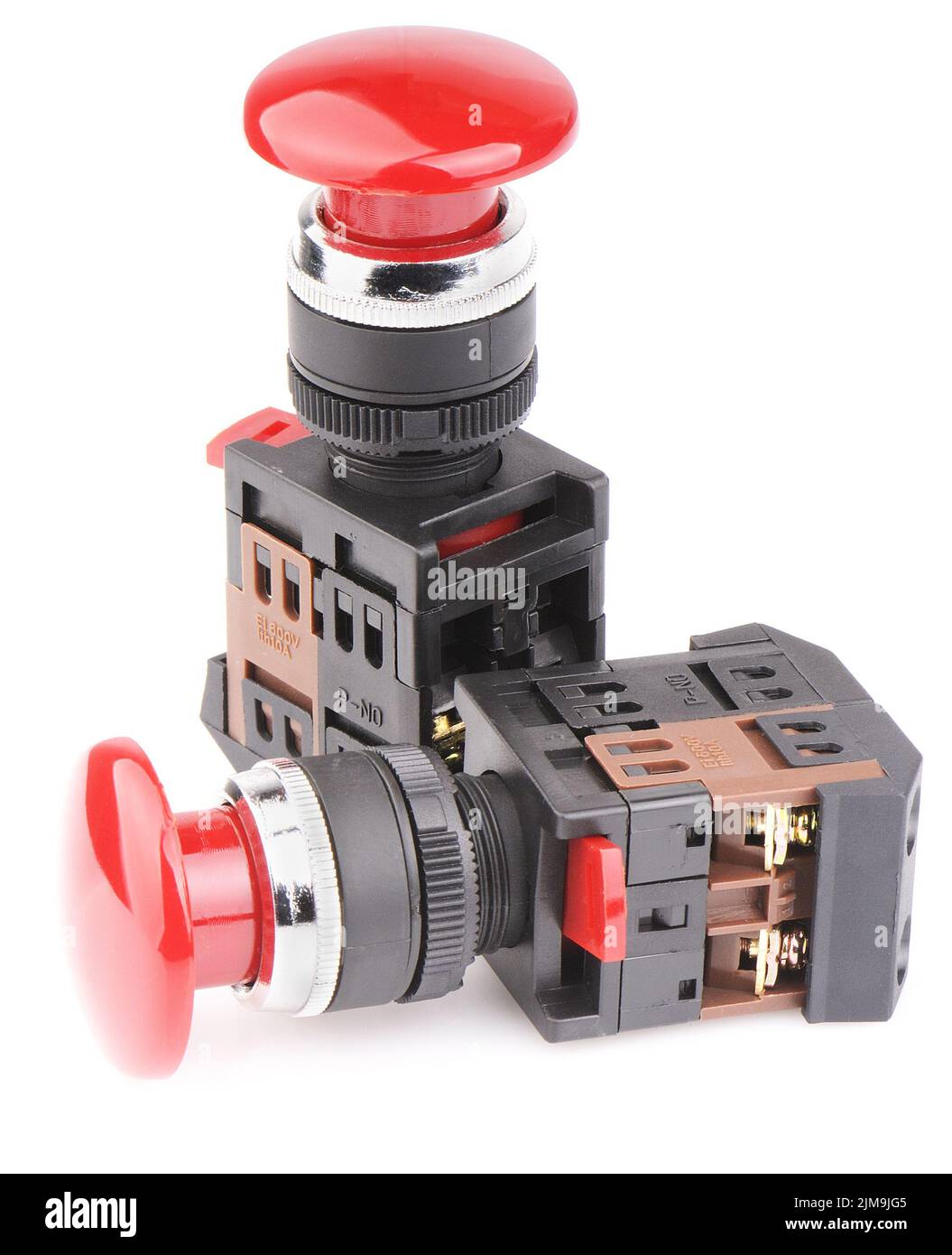 Red electrical button switches over white background Stock Photo - Alamy